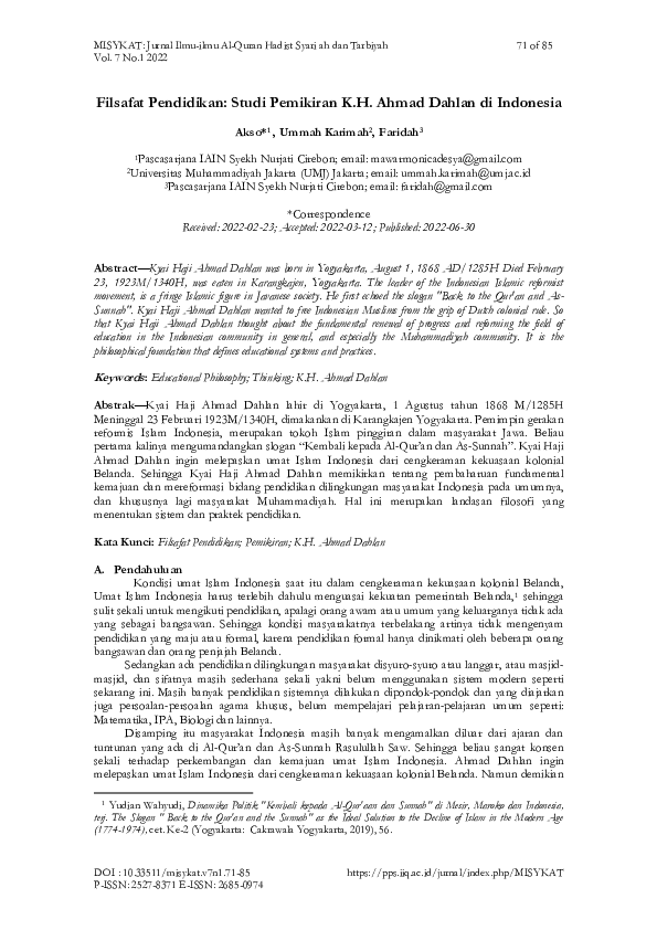 (PDF) Filsafat Pendidikan: Studi Pemikiran K.H. Ahmad Dahlan di Indonesia