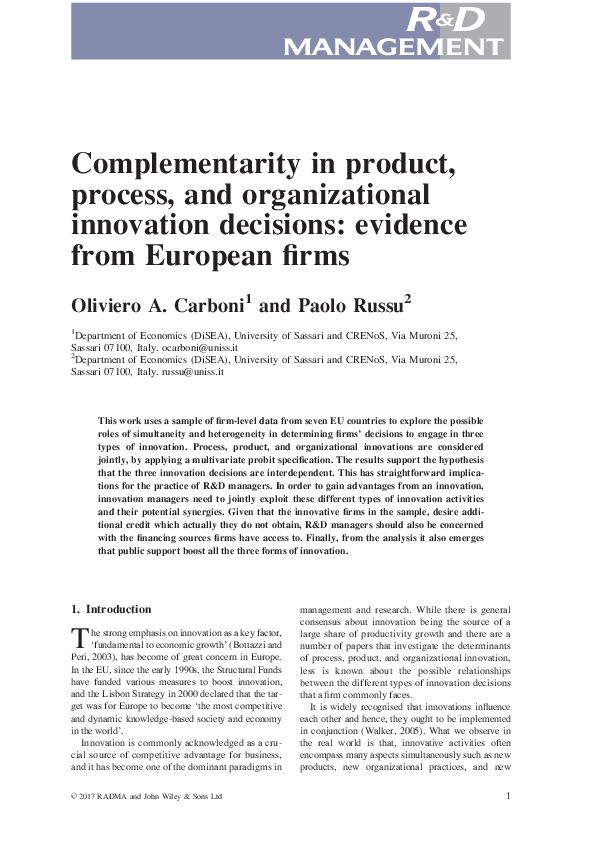 (PDF) Complementarity in product, process, and organizational ...
