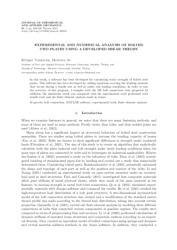 (PDF) Experimental and numerical analysis of bolted two plates using a ...