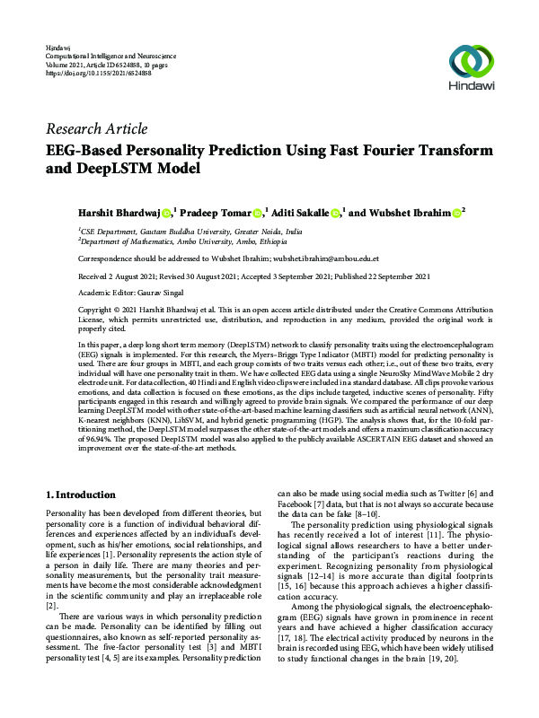 Pdf Eeg Based Personality Prediction Using Fast Fourier Transform And