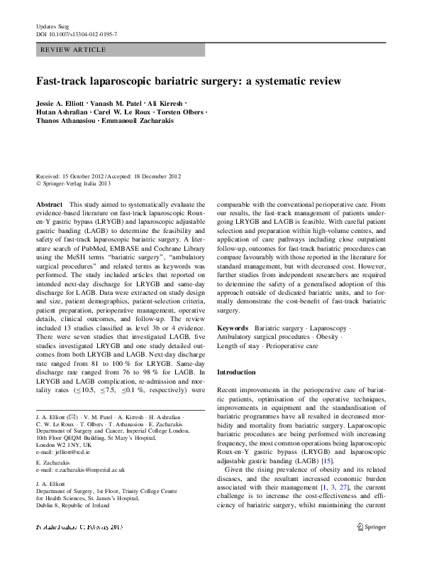 (PDF) Fast-track laparoscopic bariatric surgery: a systematic review