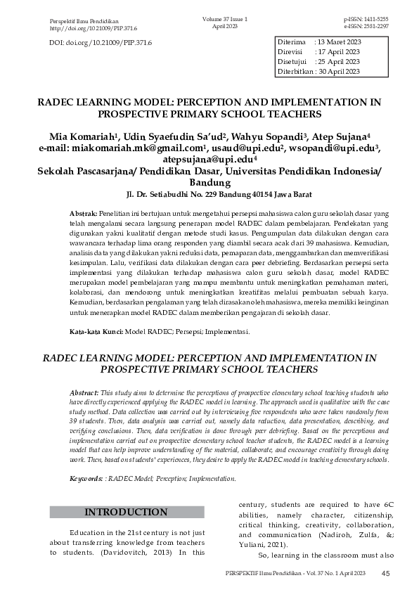 (PDF) Model Pembelajaran Radec: Persepsi Dan Implementasi Pada Calon Guru Sekolah Dasar