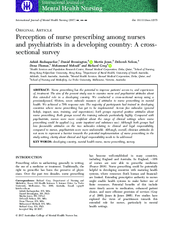 (PDF) Perception of nurse prescribing among nurses and psychiatrists in ...
