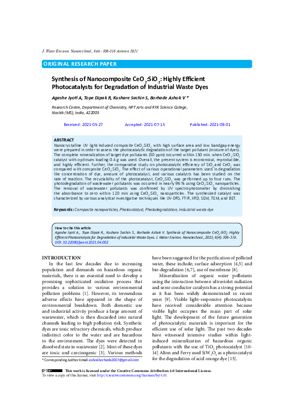 Pdf “synthesis Of Nano Composite Ceo2 Sio2 Highly Efficient Photocatalysts For Degradation Of