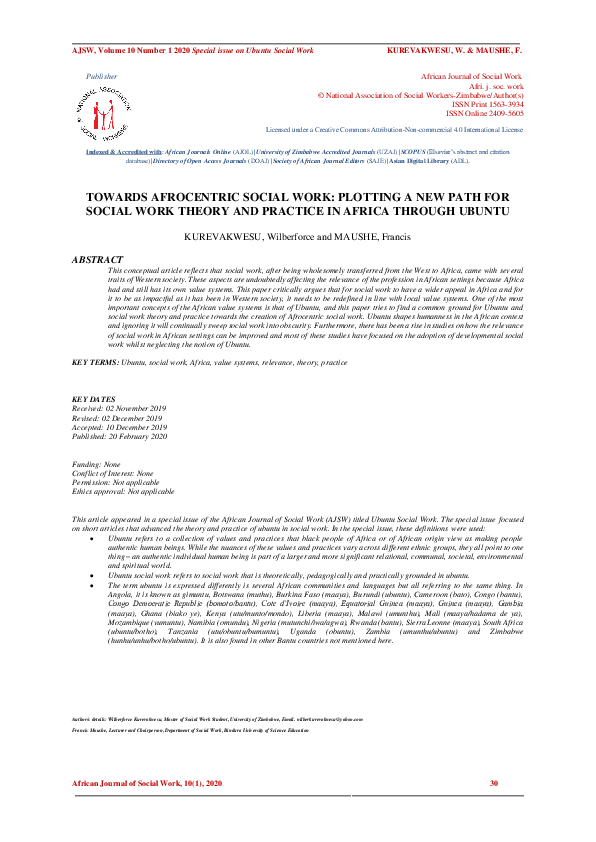 (PDF) Towards Afrocentric social work: Plotting a new path for social work theory and practice ...