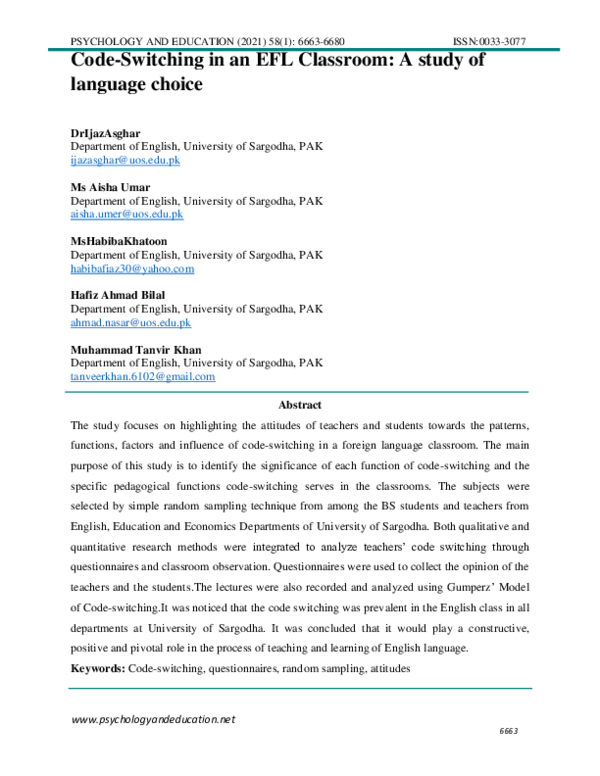 (PDF) Code-Switching in an EFL Classroom: A study of language choice