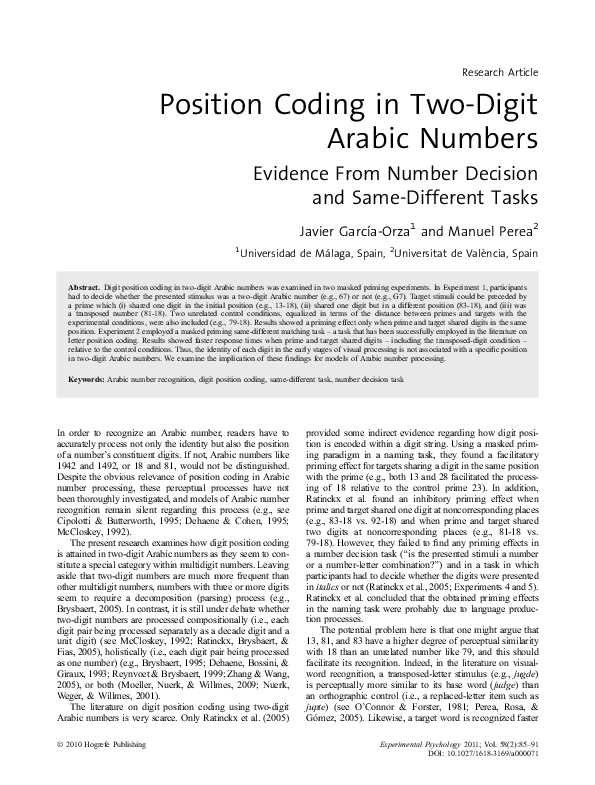 (PDF) Position Coding in Two-Digit Arabic Numbers