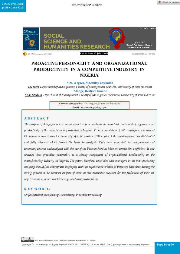 (PDF) Proactive Personality and Organizational Productivity in a Competitive Industry in Nigeria