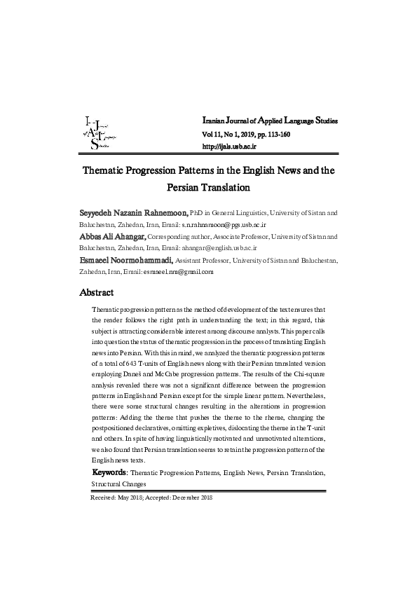 (PDF) Thematic Progression Patterns in the English News and the Persian ...