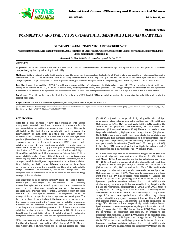 Pdf Formulation And Evaluation Of Dasatinib Loaded Solid Lipid Nanoparticles