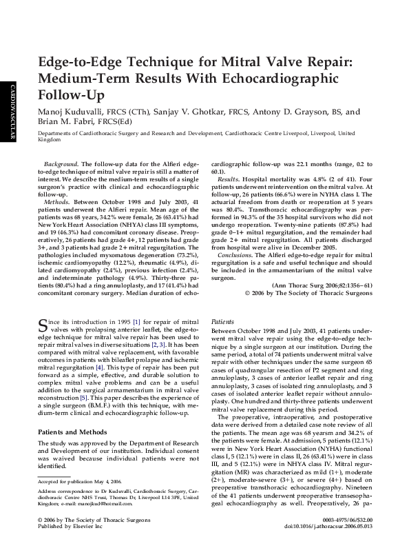(PDF) Edge-to-Edge Technique for Mitral Valve Repair: Medium-Term ...