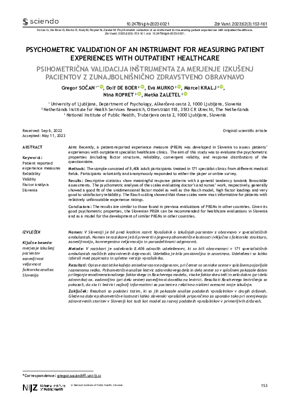 (PDF) Psychometric Validation of an Instrument for Measuring Patient Experiences with Outpatient ...