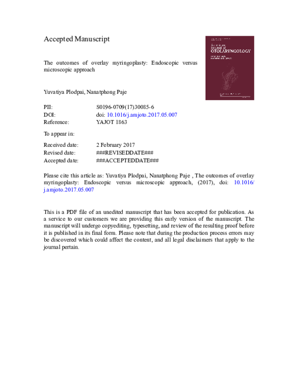 (PDF) The outcomes of overlay myringoplasty: Endoscopic versus ...