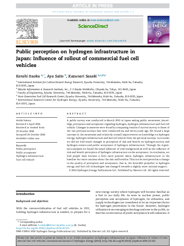 (PDF) Public perception on hydrogen infrastructure in Japan: Influence of rollout of commercial ...