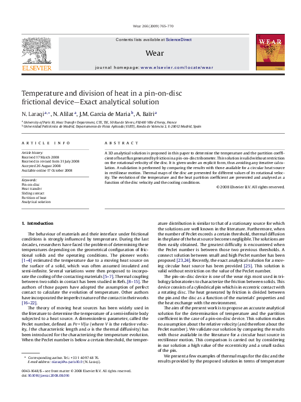 (PDF) Temperature and division of heat in a pin-on-disc frictional ...