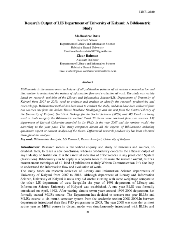 (PDF) Research Output of LIS Department of University of Kalyani: A ...