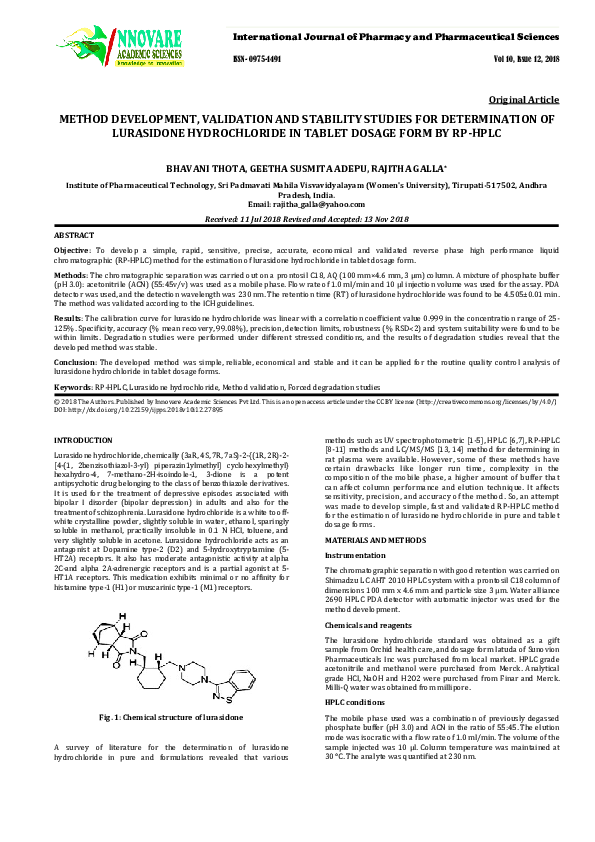 (PDF) METHOD DEVELOPMENT, VALIDATION AND STABILITY STUDIES FOR DETERMINATION OF LURASIDONE ...