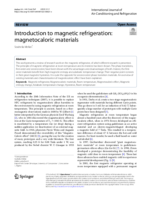 (PDF) Introduction to magnetic refrigeration: magnetocaloric materials