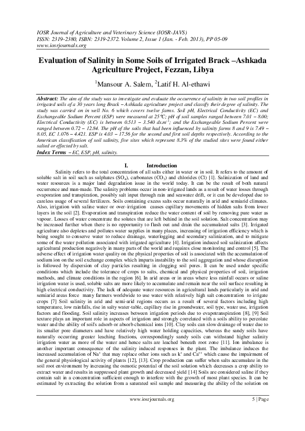 (PDF) Evaluation of Salinity in Some Soils of Irrigated Brack –Ashkada ...