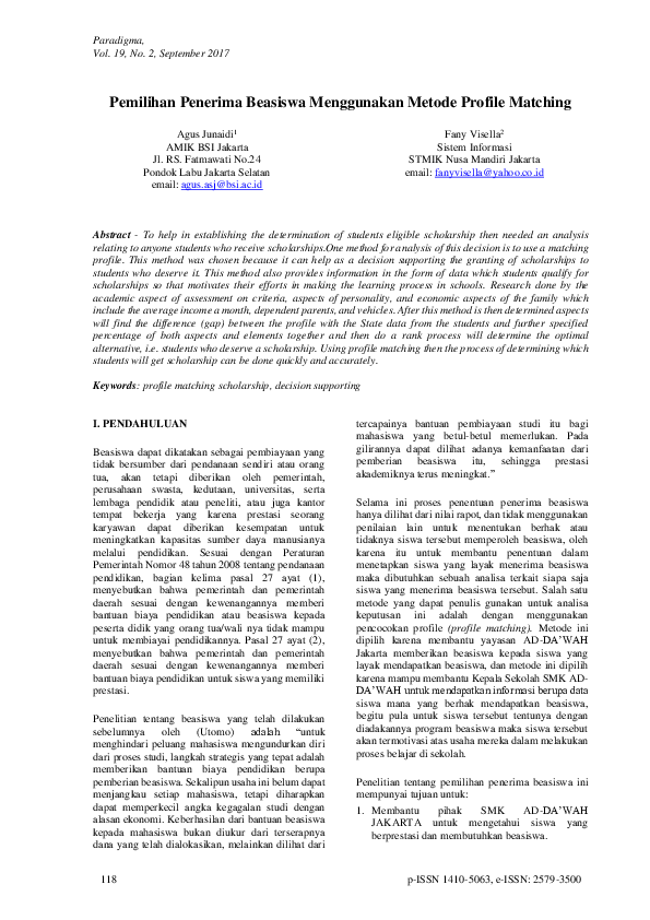 (PDF) Pemilihan Penerima Beasiswa Menggunakan Metode Profile Matching