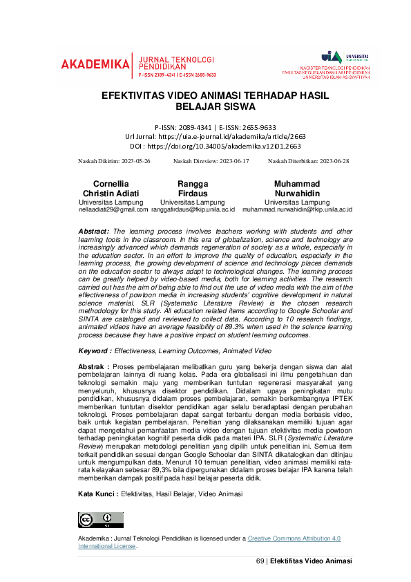 (PDF) Efektivitas Video Animasi Terhadap Hasil Belajar Siswa