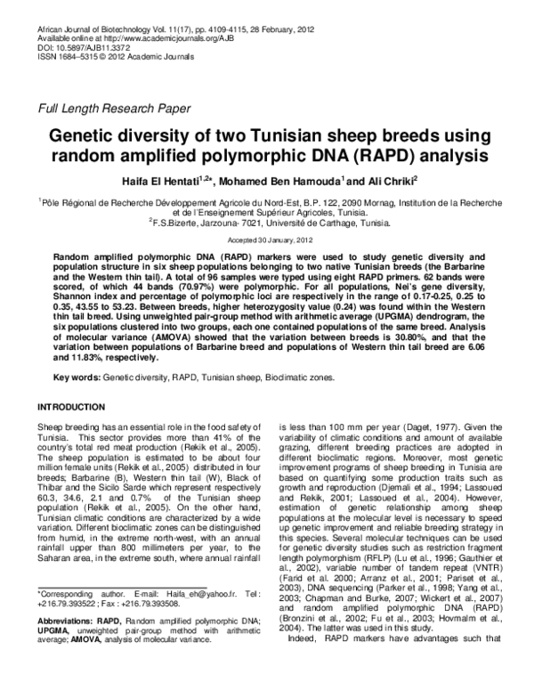 (PDF) Genetic Diversity of Barbarine and Western Thin Tail Sheep in Tunisia