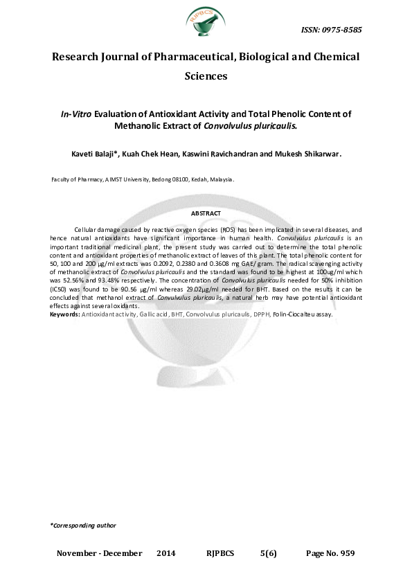 (PDF) In-Vitro Evaluation of Antioxidant Activity and Total Phenolic Content of Methanolic ...