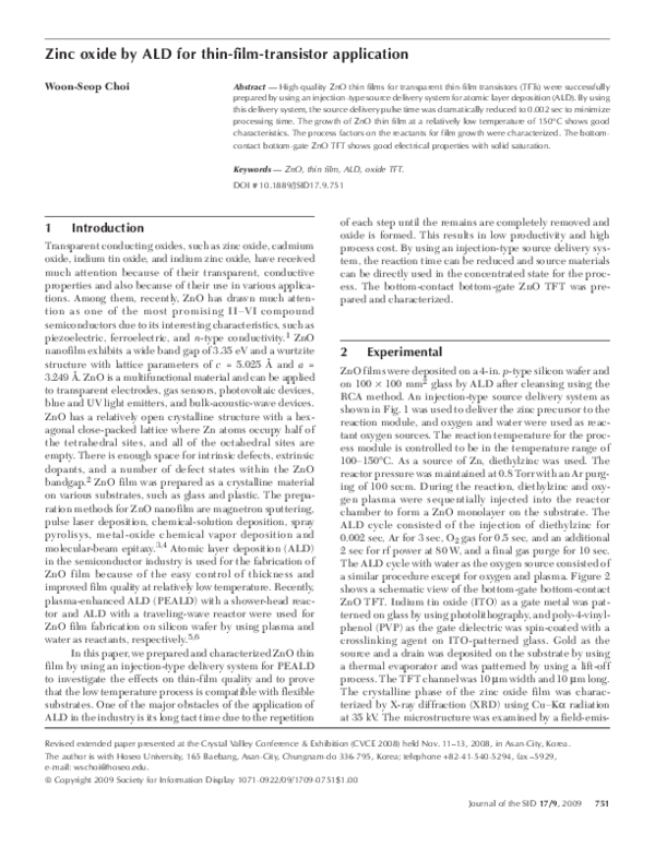 (PDF) Zinc oxide by ALD for thin-film-transistor application
