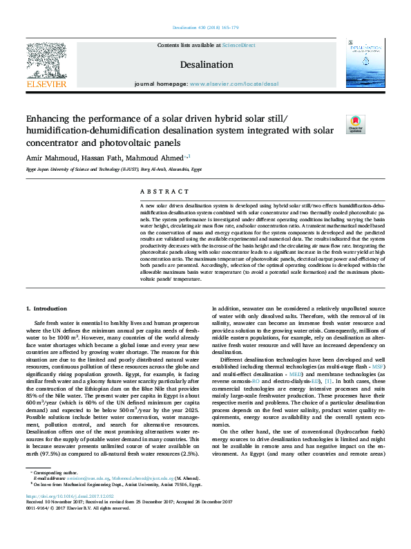 (PDF) Enhancing the performance of a solar driven hybrid solar still/humidification ...