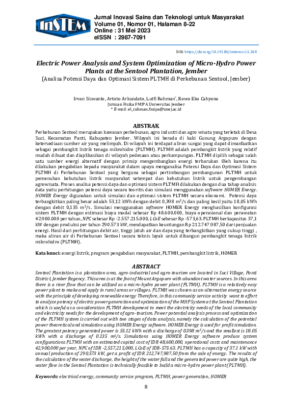 (PDF) Electric Power Analysis and System Optimization of Micro-Hydro ...