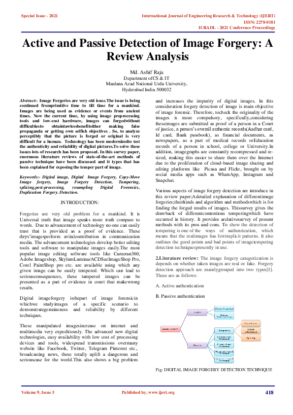 (PDF) Active and Passive Detection of Image Forgery: A Review Analysis