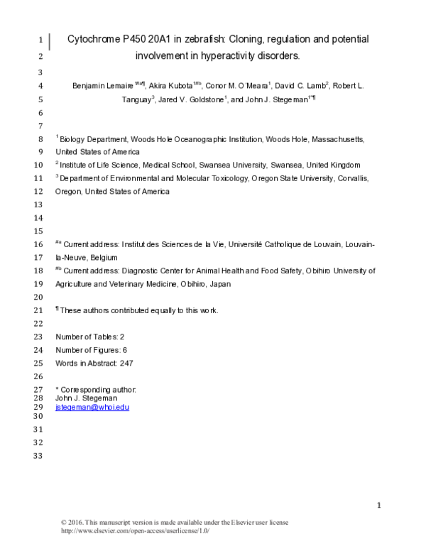 (PDF) Cytochrome P450 20A1 in zebrafish: Cloning, regulation and potential involvement in ...