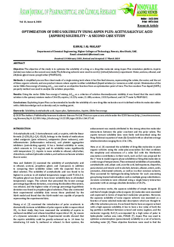 (PDF) OPTIMIZATION OF DRUG SOLUBILITY USING ASPEN PLUS: ACETYLSALICYLIC ...