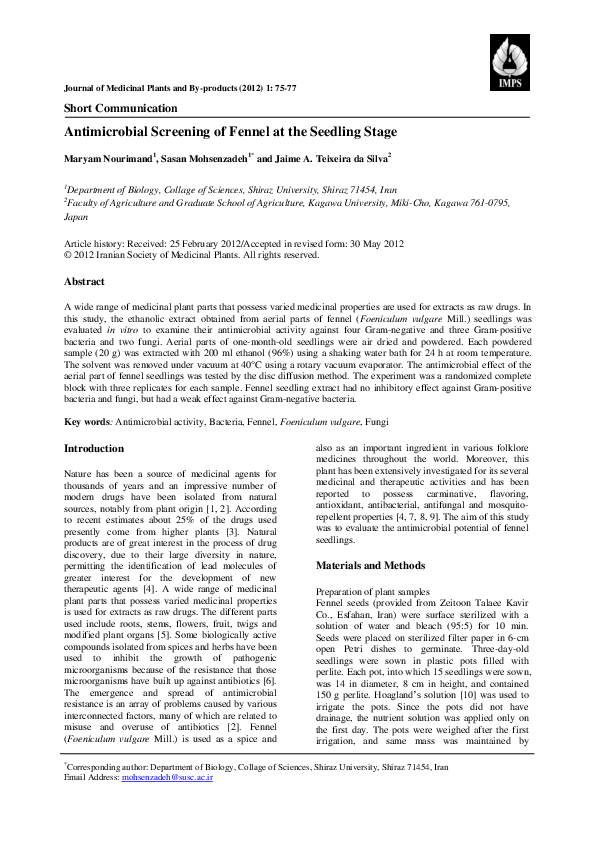 (PDF) Antimicrobial Screening of Fennel at the Seedling Stage