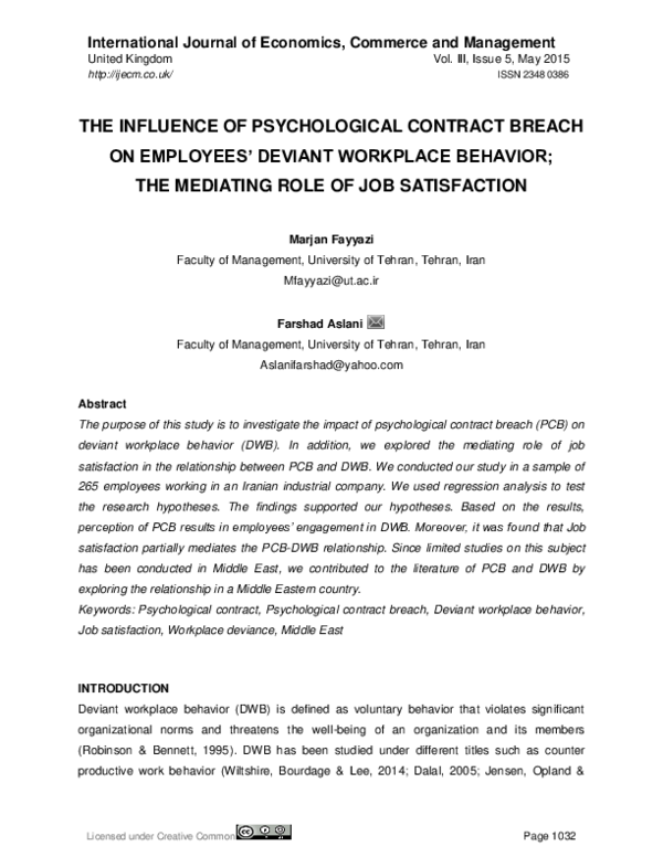 (PDF) Licensed under Creative Common THE INFLUENCE OF PSYCHOLOGICAL CONTRACT BREACH ON EMPLOYEES ...