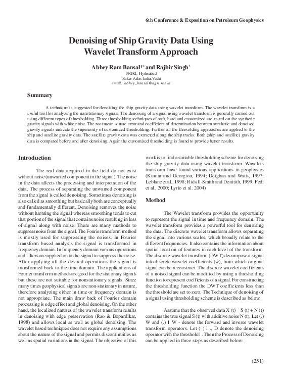 Pdf Denoising Of Ship Gravity Data Using Wavelet Transform Approach Abhey Ram Bansal