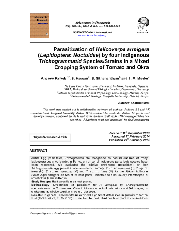 (PDF) Parasitization of Helicoverpa armigera (Lepidoptera: Noctuidae ...