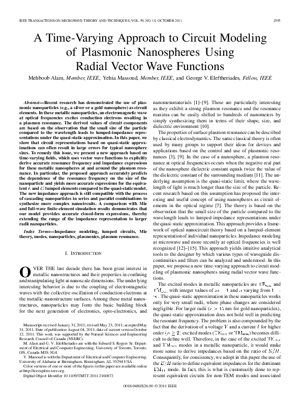 (PDF) A Time-Varying Approach to Circuit Modeling of Plasmonic Nanospheres Using Radial Vector ...