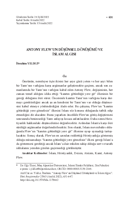 (PDF) Antony Flew’un Düşünsel Dönüşümü ve İslam Algısı