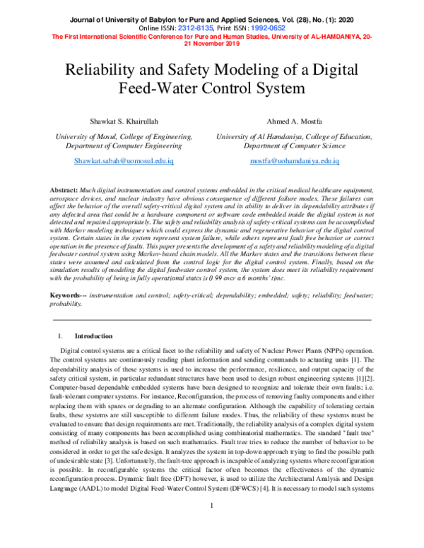 (PDF) Reliability and Safety Modeling of a Digital Feed Water Control System
