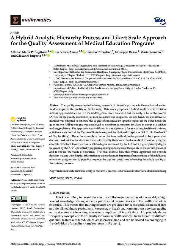 Pdf A Hybrid Analytic Hierarchy Process And Likert Scale Approach For The Quality Assessment