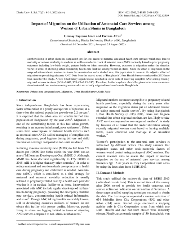 Pdf Impact Of Migration On The Utilization Of Antenatal Care Services Among Women Of Urban