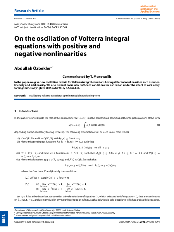(PDF) On the oscillation of Volterra integral equations with positive ...
