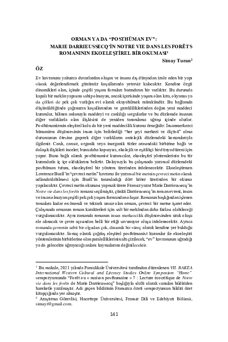 (PDF) ORMAN YA DA “POSTHÜMAN EV”: MARIE DARRIEUSSECQ’İN NOTRE VIE DANS LES FORÊTS ROMANININ ...