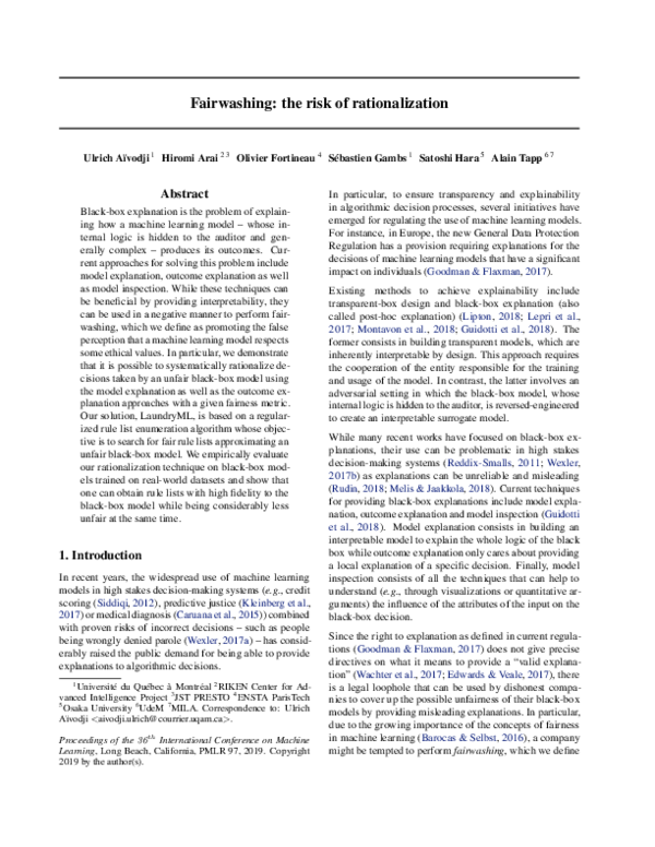 (PDF) Fairwashing: the risk of rationalization | Alain Tapp - Academia.edu