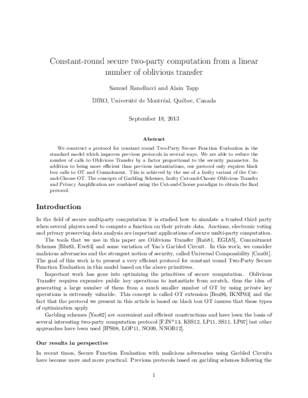 Pdf Secure Two Party Computation Via Leaky Generalized Oblivious Transfer