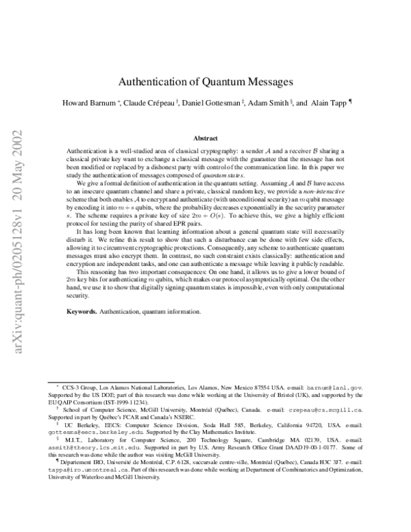 (PDF) Authentication of quantum messages