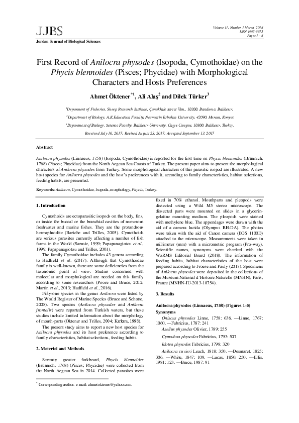 (PDF) First record of Anilocra physodes (Isopoda, Cymothoidae) on the ...