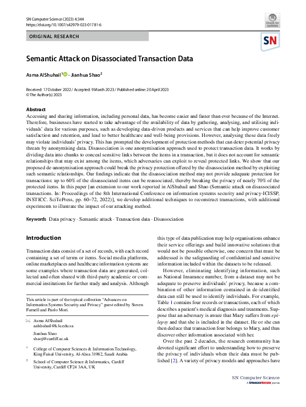 (PDF) Semantic Attack on Disassociated Transaction Data