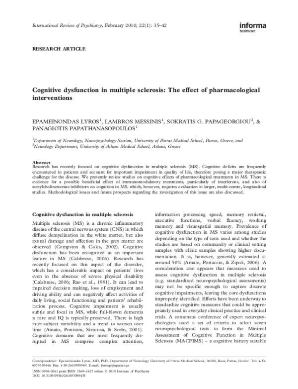 (PDF) Cognitive dysfunction in multiple sclerosis: The effect of ...
